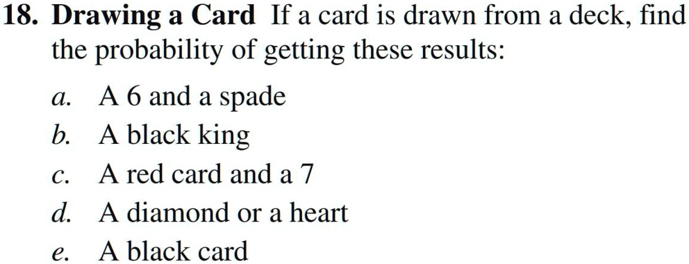 SOLVED: 18. Drawing a Card If a card is drawn from a deck, find the ...