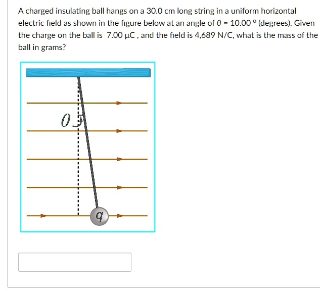 A charged insulating ball hangs on a 30.0 cm long string in...
