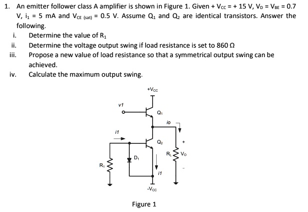 SOLVED: An emitter follower class A amplifier is shown in Figure 1. Given +Vcc = +15 V, Vp = VBe ...