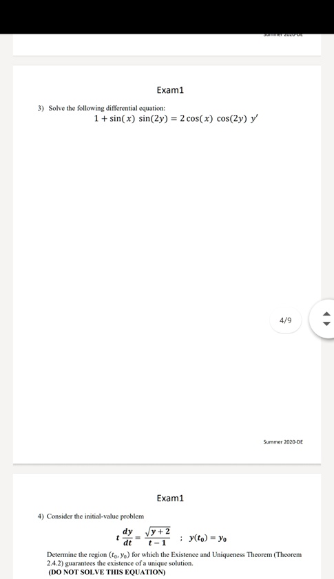 Exam1 3) Solve the following differential equation: 1+sin(x) sin(2y) = 2 cos(x) cos(2y) y' Exam1 ...