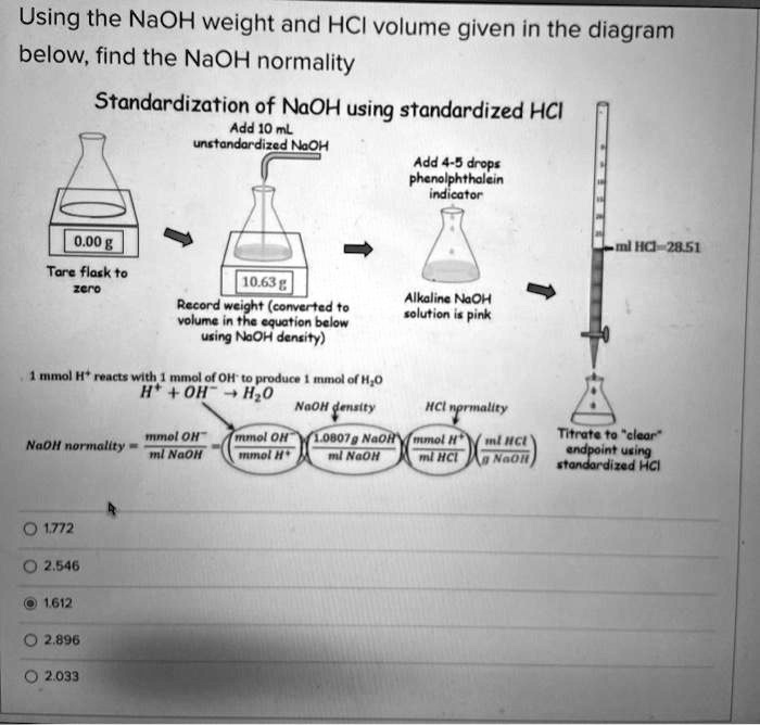 SOLVED: Using the NaOH weight and HCl volume given in the diagram below, find the NaOH normality ...