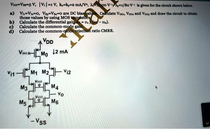 VDD=VSS=5 V, |V t |=1 V, k n =k p =2 mA/V 2 , ? n =100 V -1 , ? p =1/80 ...
