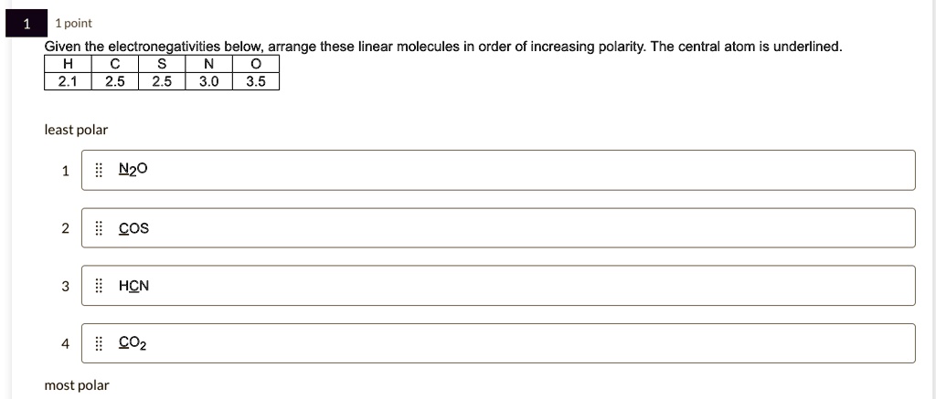 SOLVED:1point Given the electronegativities below; arrange these linear ...