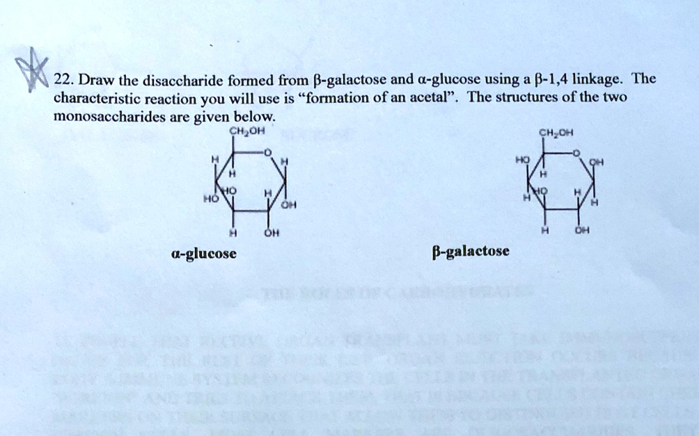 22. Draw the disaccharide formed from ?-galactose and ?-glucose using a ...