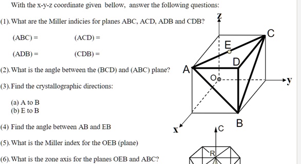 With the x-y-z coordinate given bellow, answer the following questions: (1). What are the Miller ...