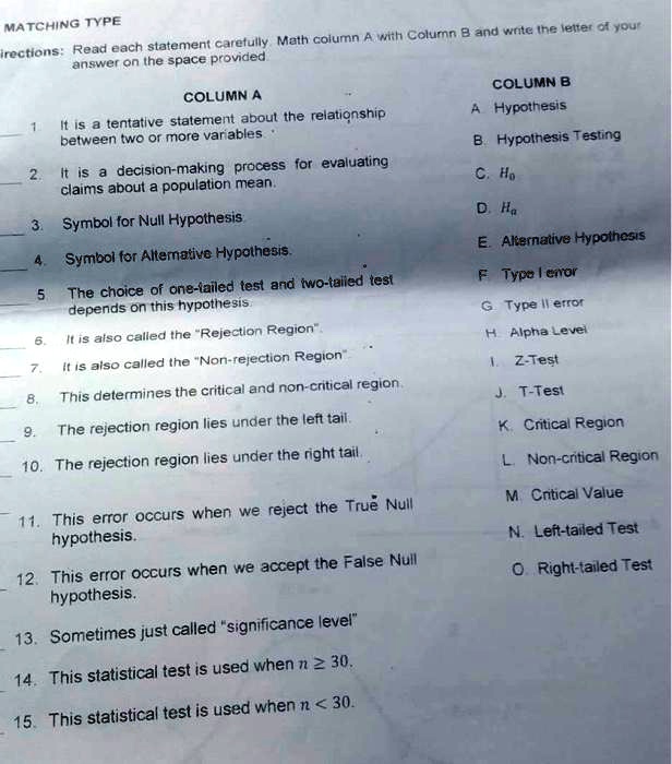 MATCHING TYPE irections: Read each statement carefully. Math column A ...