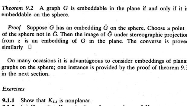 Theorem 92 A Graph G Is Embeddable In The Plane If And Only If It Is Embeddable On The Sphere