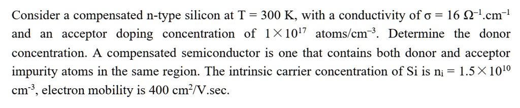 Consider a compensated n-type silicon at T = 300 K, with a conductivity of Ïƒ = 16 Î©^-1.cm^-1 ...