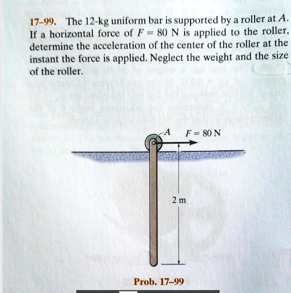 17-99. The 12-kg uniform bar is supported by a roller at A. If a horizontal force of F = 80 N is ...