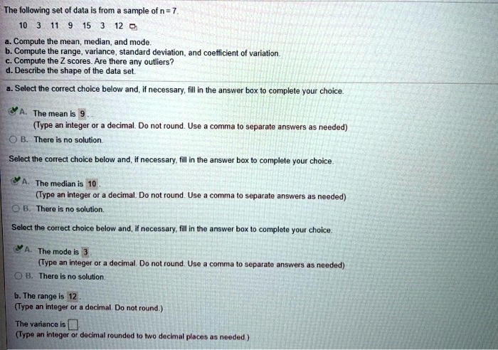 SOLVED:The following set of data from sample of n =7 Compute the Mee ...