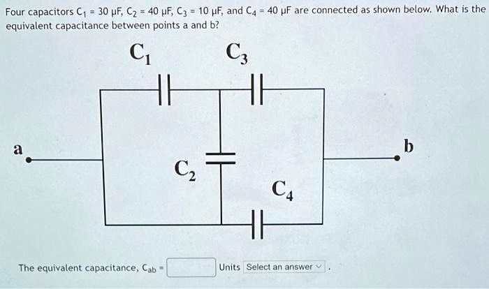 SOLVED:Four capacitors C1 30 pF; Cz = 40 pF; C} = 10 pF; and C4 40 pF ...