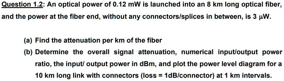 Question 1.2: An optical power of 0.12 mW is launched into an 8 km long optical fiber, and the ...