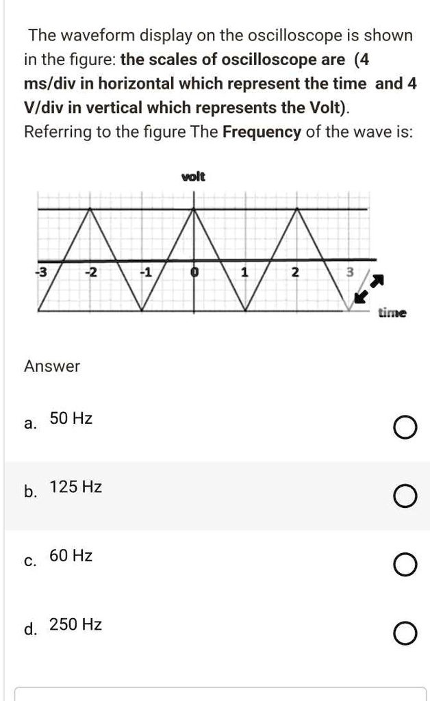 SOLVED: The waveform display on the oscilloscope is shown in the figure: the scales of ...