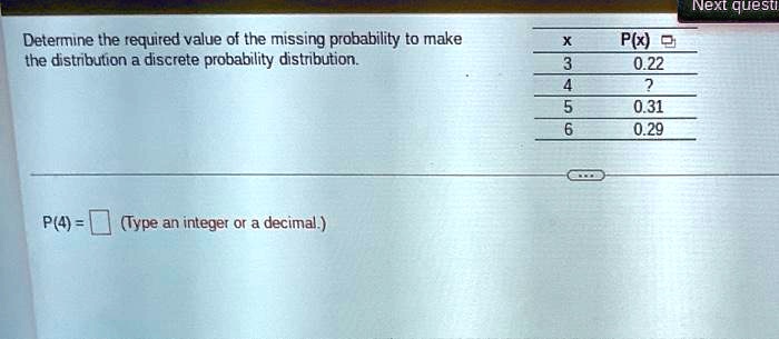 SOLVED: Next quest Determine the required value of the missing probability to make the ...