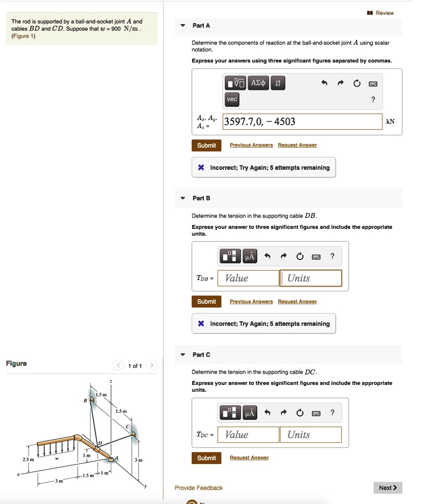 SOLVED: The rod is supported by a ball-and-socket joint A and cables BD ...