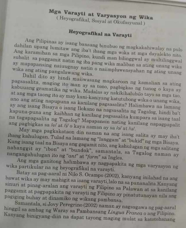 SOLVED: Mga Varayti at Varyasyon ng Wika (Heyografikal, Sosyal at ...