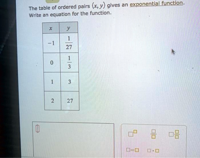 SOLVED: The table of ordered pairs (x,y) gives an exponential function. Write an equation for ...