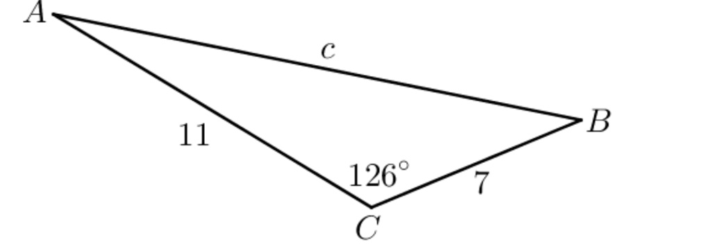 SOLVED: Find the missing side length and angles of ABC given that m∠C=126∘, a=7, and b=11. A ...