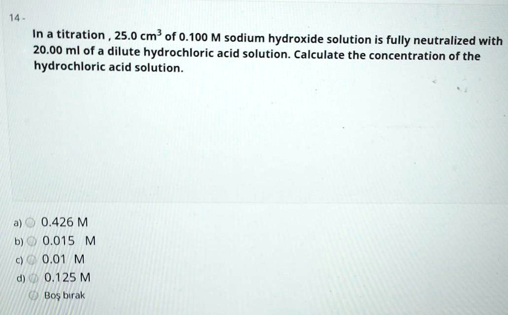 SOLVED: In a titration, 25.0 mL of 0.100 M sodium hydroxide solution is fully neutralized with ...