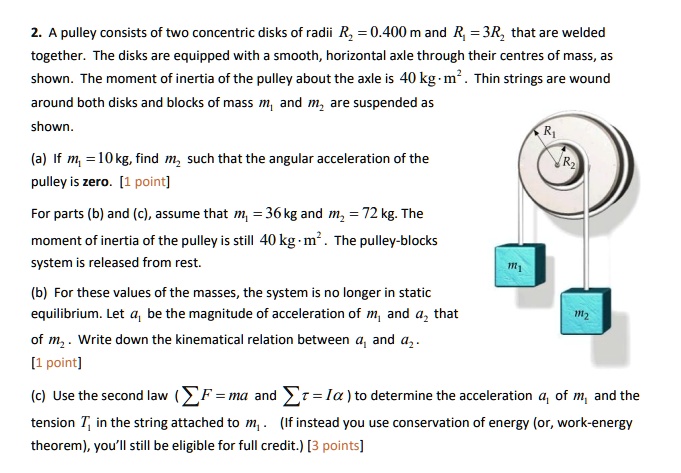 SOLVED: A pulley consists of two concentric disks of radii R = 0.400 m and R = 3R, that are ...