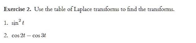 Exercise 2. Use the table of Laplace transforms to find the transforms ...