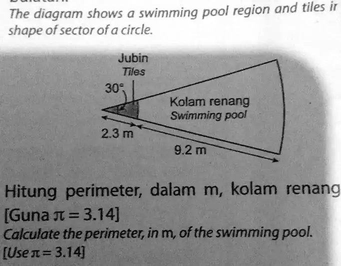 The diagram shows a swimming pool region and tiles in shape of sector ...