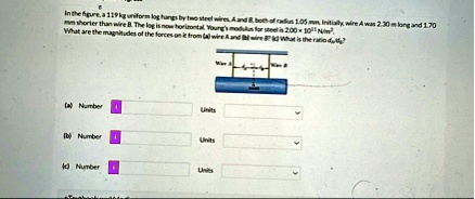 in the figure a 119 kg uniform log hangs by two steel wires a and b ...