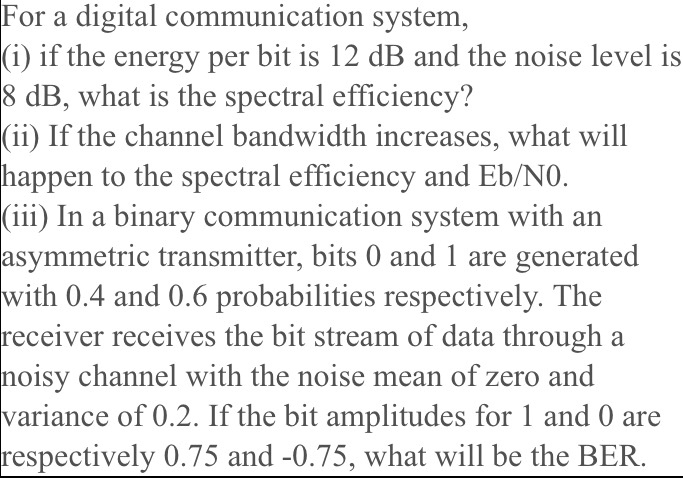 SOLVED: For a digital communication system, i) if the energy per bit is 12 dB and the noise ...