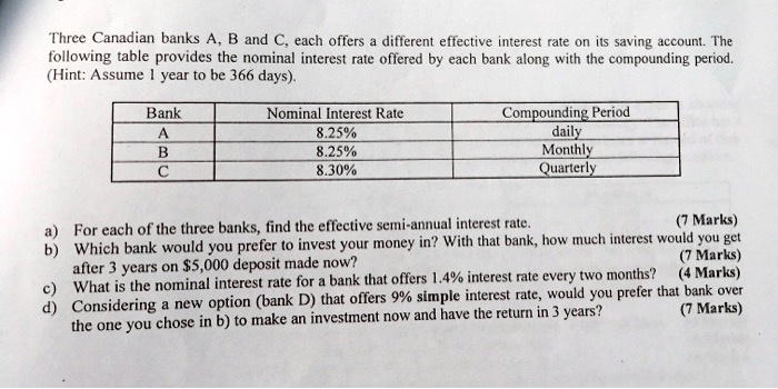 SOLVED: Three Canadian banks A, B, and C each offer a different ...