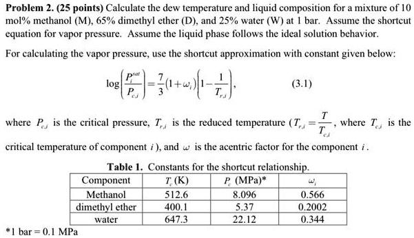 Problem 2. (25 points) Calculate the dew temperature and liquid composition for a mixture of 10 ...