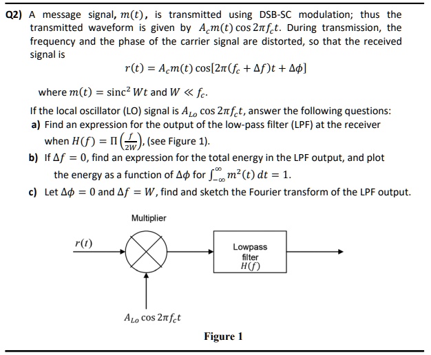Q2) A message signal, m(t), is transmitted using DSB-SC modulation; thus the transmitted ...