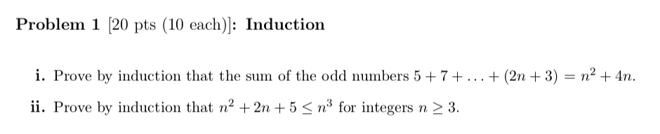 SOLVED: Text: Discrete Structures/Math – Prove by Induction Problem 1 [20 pts (10 each ...