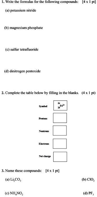SOLVED: Texts: 1. Write the formulas for the following compounds: [4x1pt] (a) potassium nitride ...