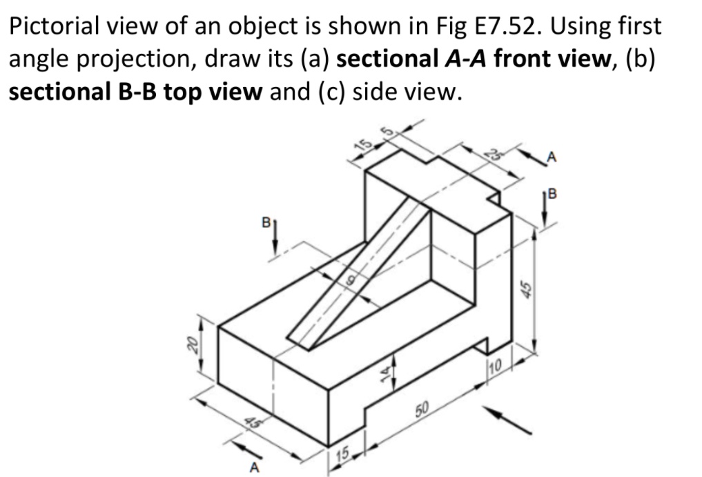 Pictorial view of an object is shown in Fig E7.52. Using first angle ...