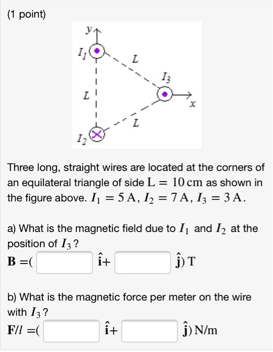 Three long, straight wires are located at the corners of an equilateral triangle of side L = 10 ...