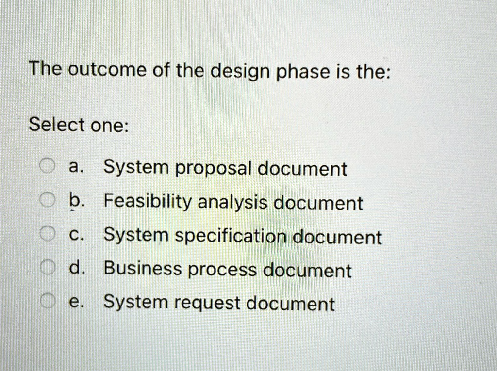 SOLVED: The outcome of the design phase is the: Select one: a. System ... SOLVED: The outcome of the design phase is the: Select one: a. System ...