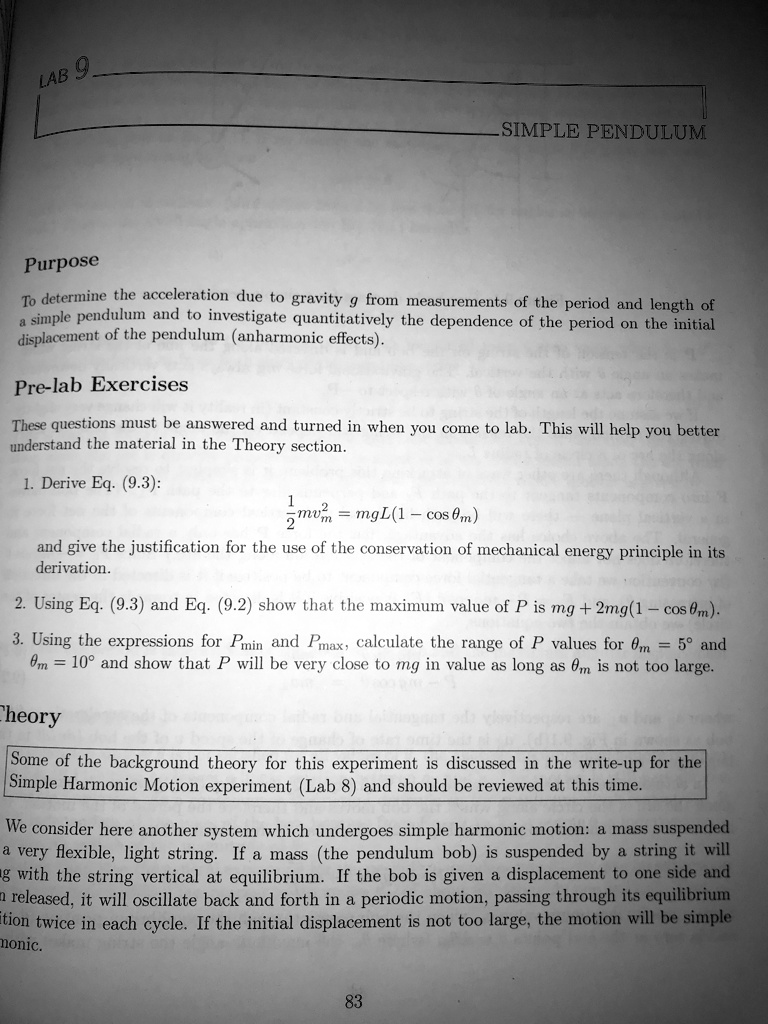 SOLVED: Need the first three Pre-Lab questions LAB 9 SIMPLE PENDULUM ...