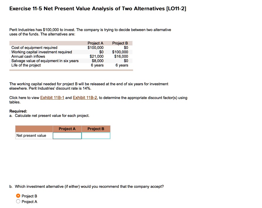 exercise 11 5 net present value analysis of two alternatives lo11 2 perit industries has 100000 ...