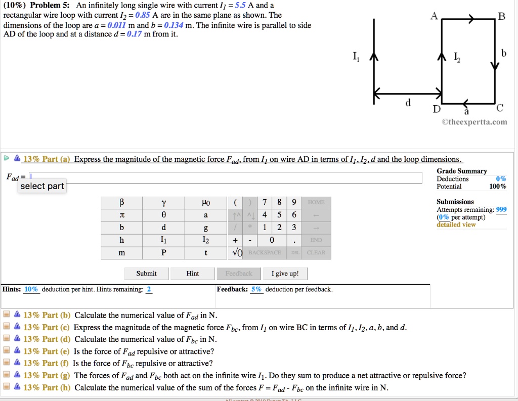 SOLVED: (10%) Problem 5: An infinitely long single wire with current [1 = 5.5 A and rectangular ...