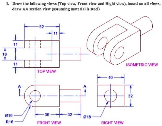 SOLVED: Texts: AUTOCAD: Draw the following views (Top view, Front view, and Right view). Based ...