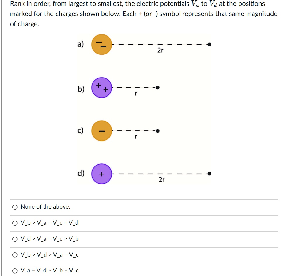 rank in order from largest to smallest the electric potentials va to va ...