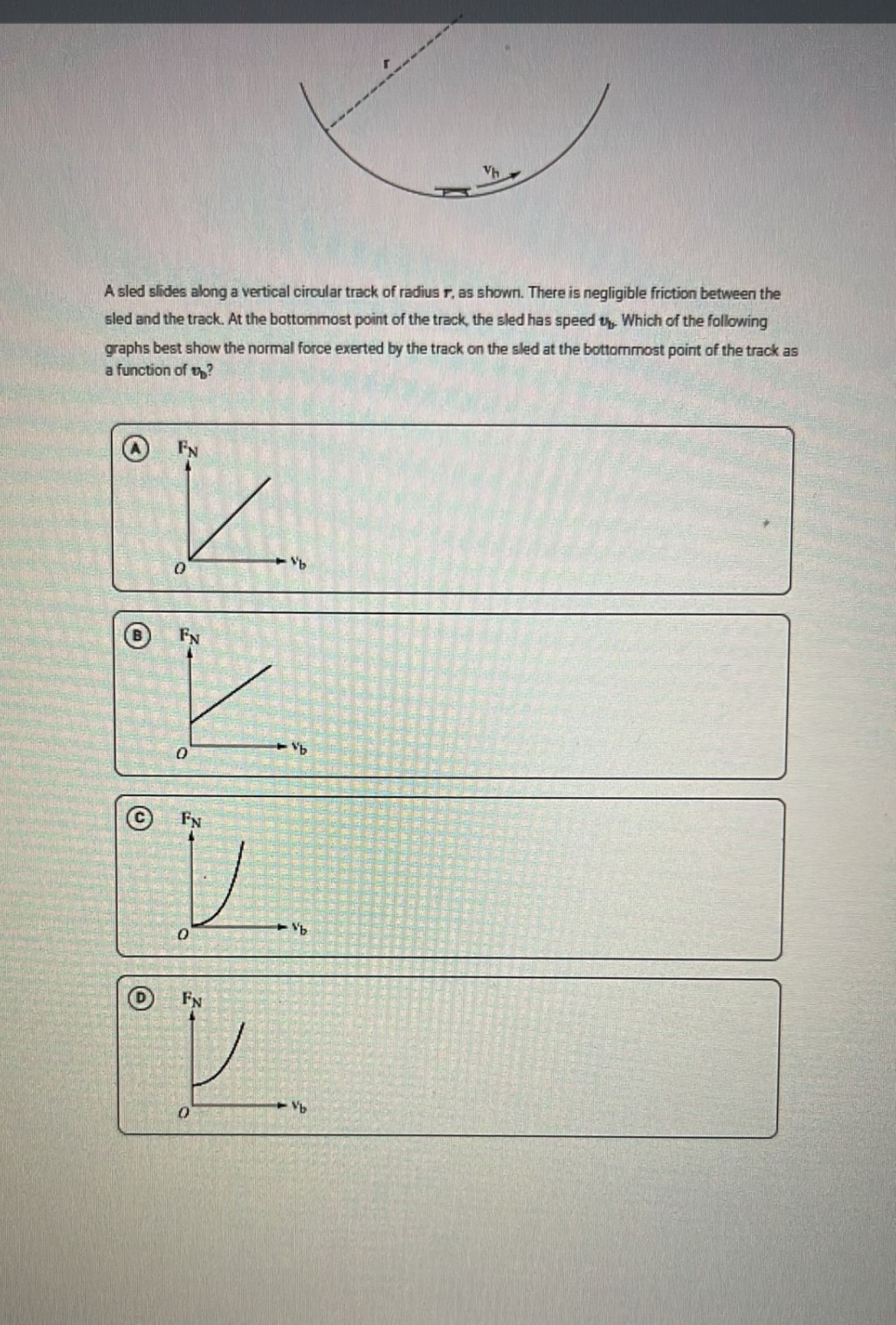 A sled slides along a vertical circular track of radius r, as shown ...