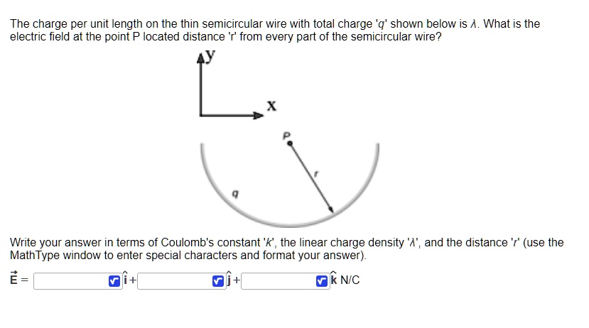 the charge per unit length on the thin semicircular wire with total ...