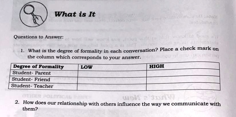 SOLVED: What is the degree of formality in each conversation? Place a check mark in the column ...