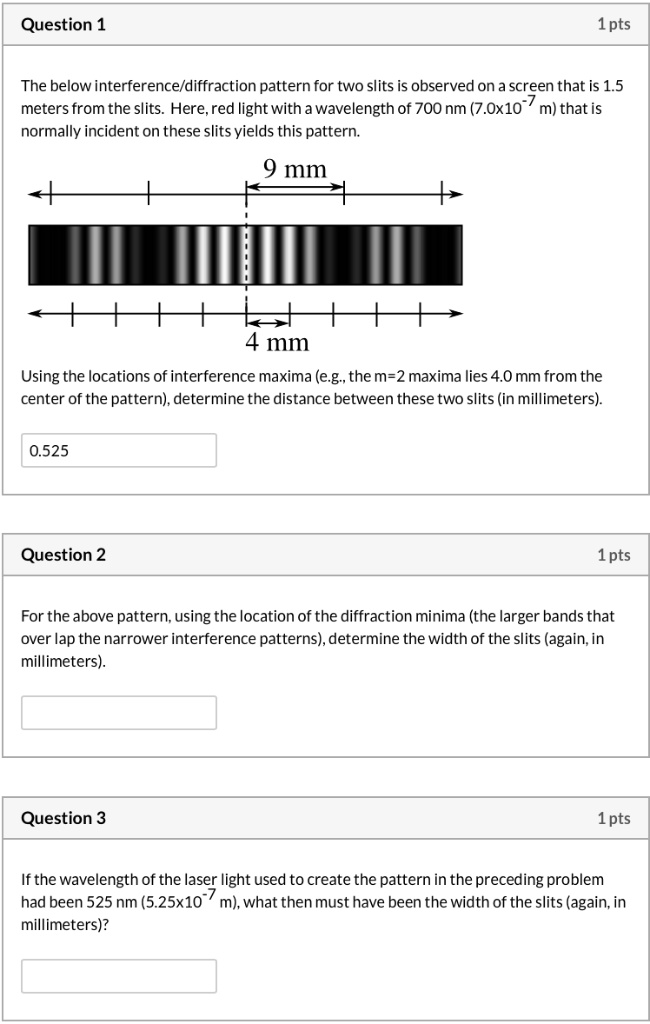 Question 1 1 pts The below interference/diffraction pattern for two ...