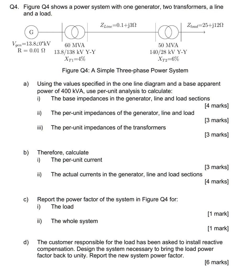 SOLVED: Q4. Figure Q4 shows a power system with one generator, two transformers, a line and a ...