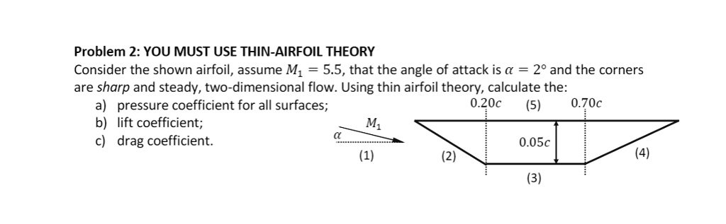 SOLVED: Problem 2: YOU MUST USE THIN-AIRFOIL THEORY Consider the shown airfoil, assume M = 5.5 ...