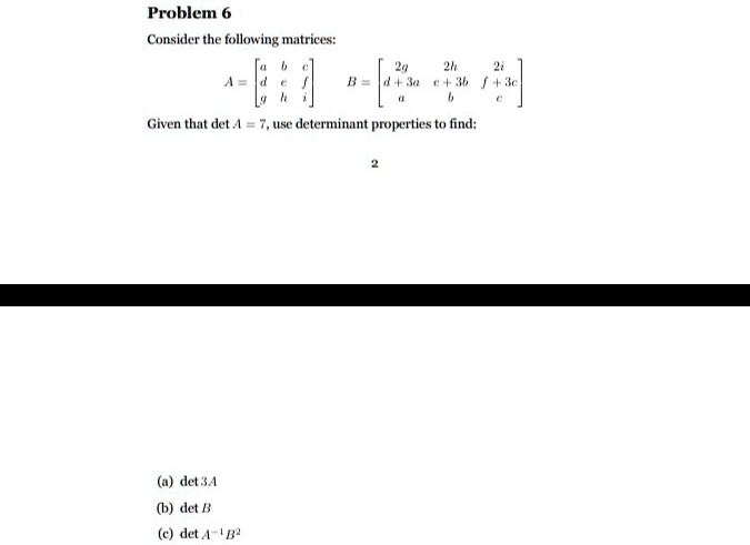 SOLVED: Problem 6 Consider the following matrices; 1% Given that det / 7 ,uSe determinant ...