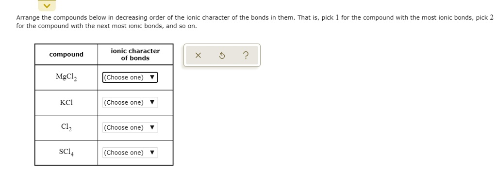 SOLVED: Arrange the compounds below in decreasing order of the ionic character of the bonds in ...