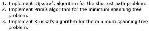 1. Implement Dijkstra's algorithm for the shortest path problem. 2 ...